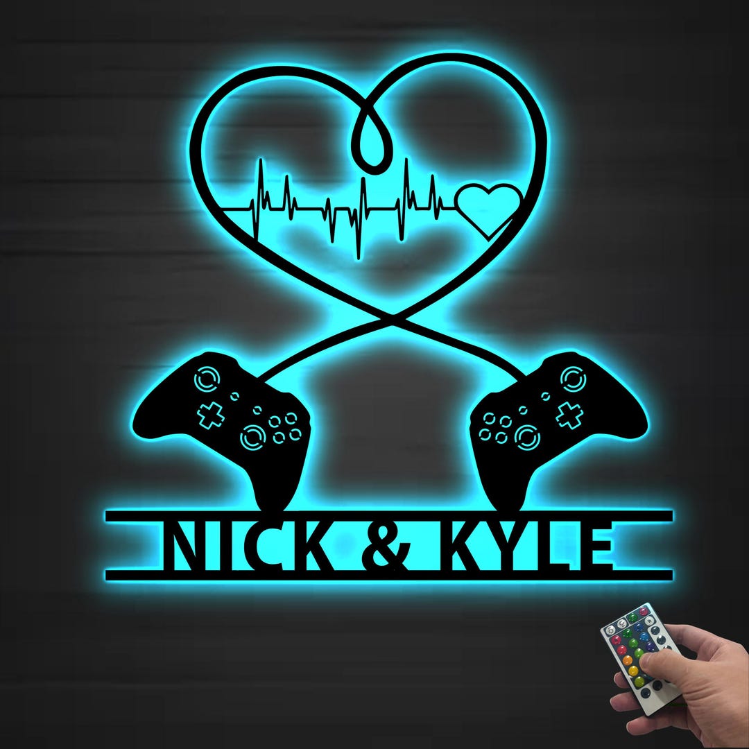 Personalized Gaming Couple Metal Sign LED Lights, Heart Game Controller ...