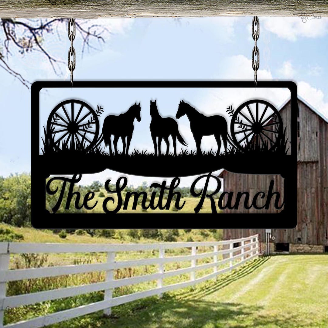 Custom Ranch Sign With Horses, Personalized Farm Sign, Horse Farm ...