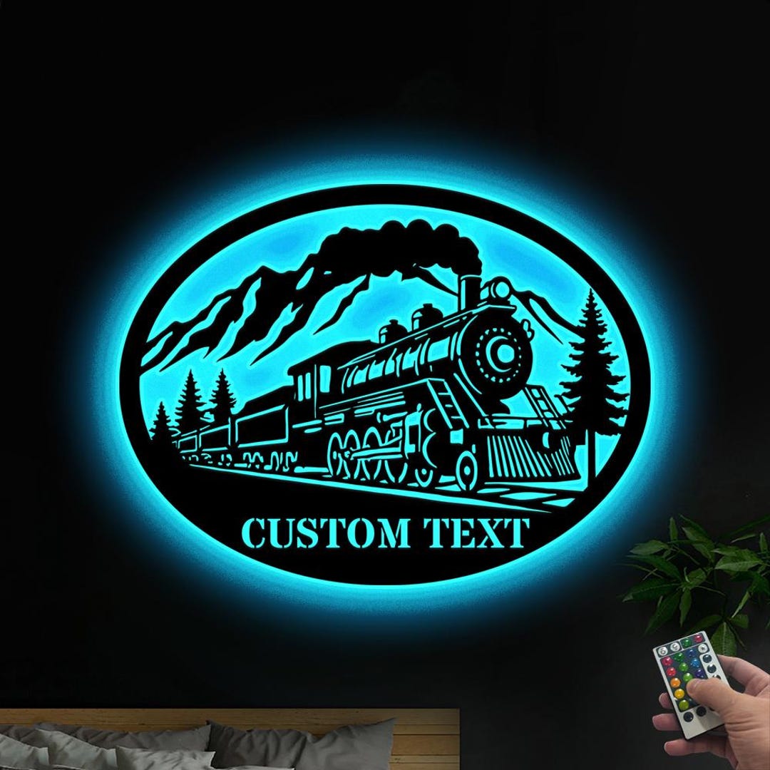 Personalized Steam Engine Train Metal Sign Wall Art LED Lights, Train ...