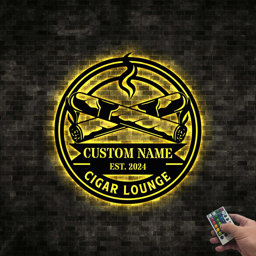Custom Cigar Lounge Metal Wall Art LED Light Personalized Smoking Cigar ...