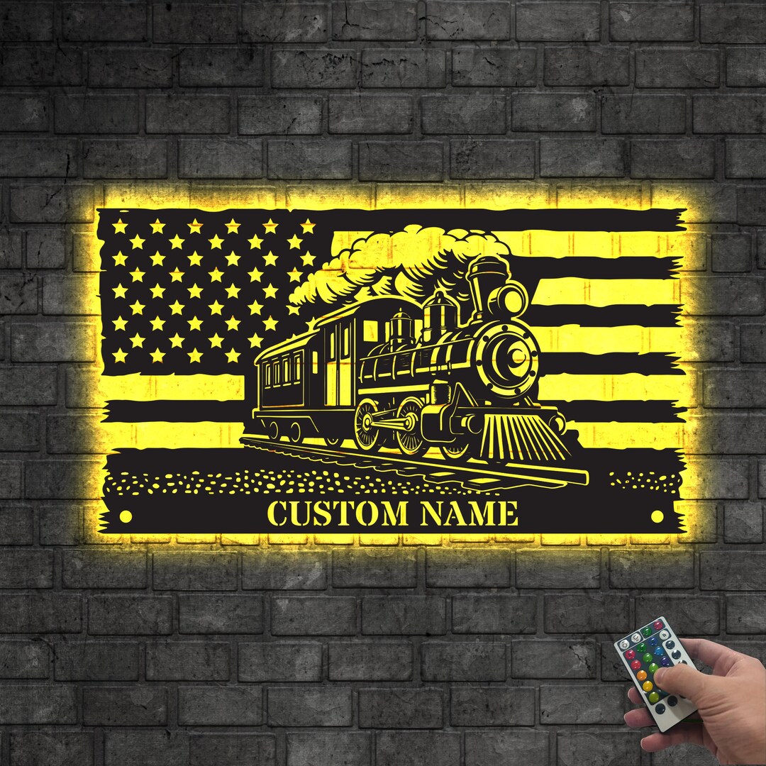 Personalized Train Railroad Metal Wall Art LED Lights, Custom Train ...