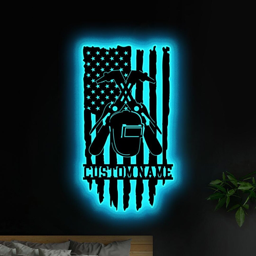Custom US Flag Welding Metal Wall Art LED Light Personalized Welder ...