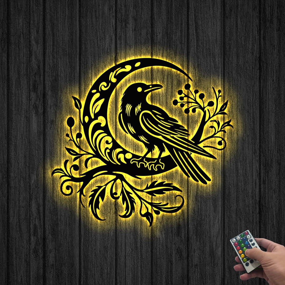 Custom Raven on the Moon Metal Wall Art Led Light, Crow Art Crow Moon ...