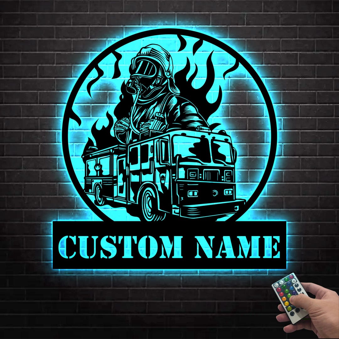 Personalized Fireman Metal Wall Art LED Light, Custom Firefighter Sign ...