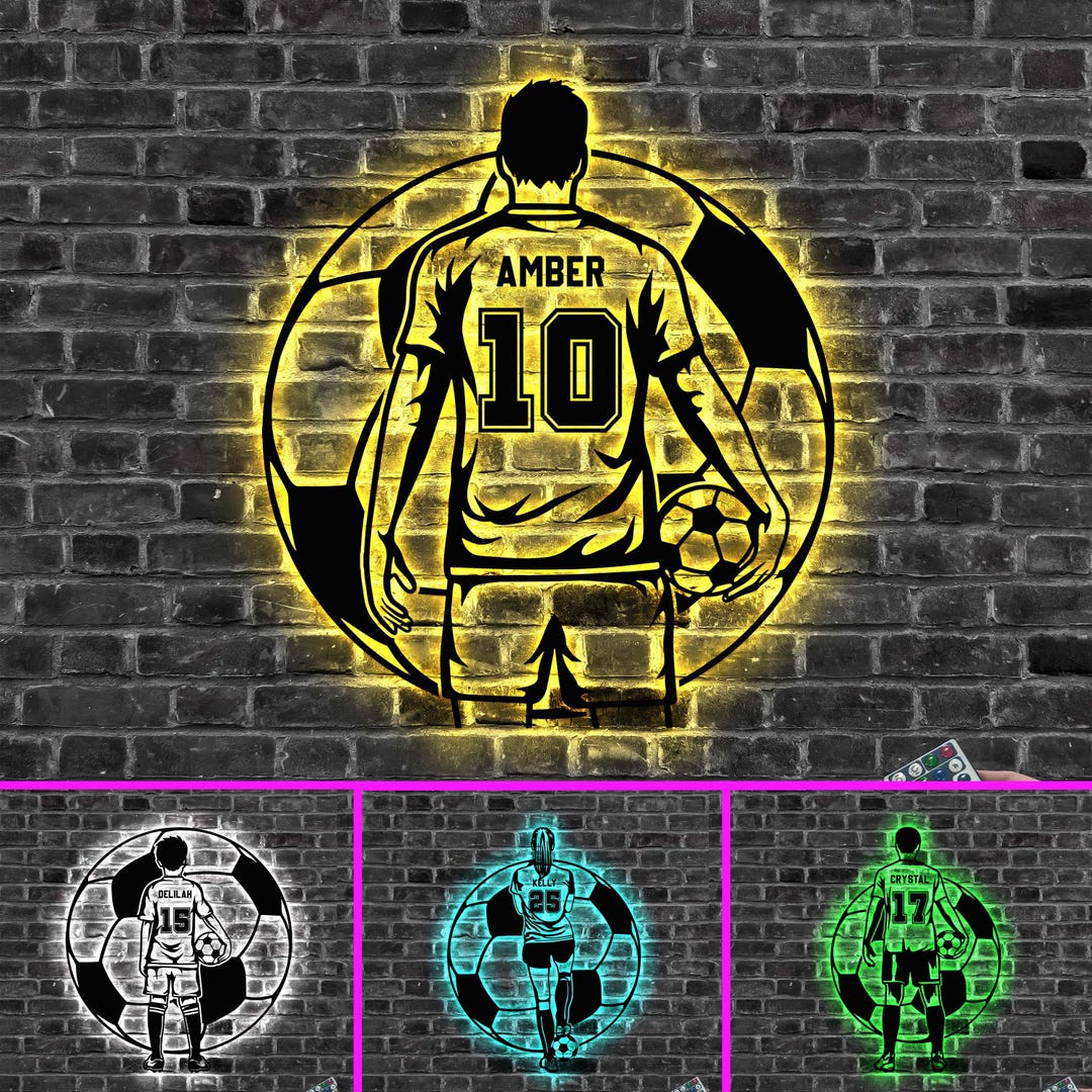 Custom Soccer Sign, Soccer Player Metal Wall Art LED Light, Soccer ...