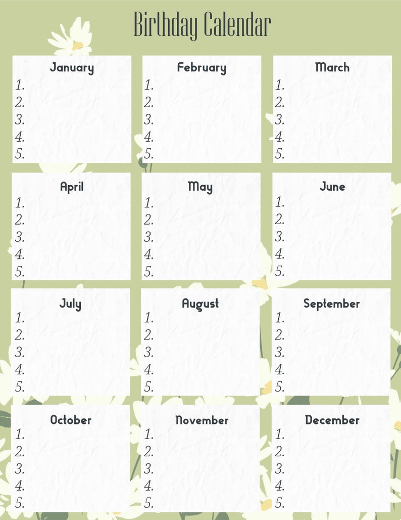 Birthday Calendar Template for Planner - Etsy