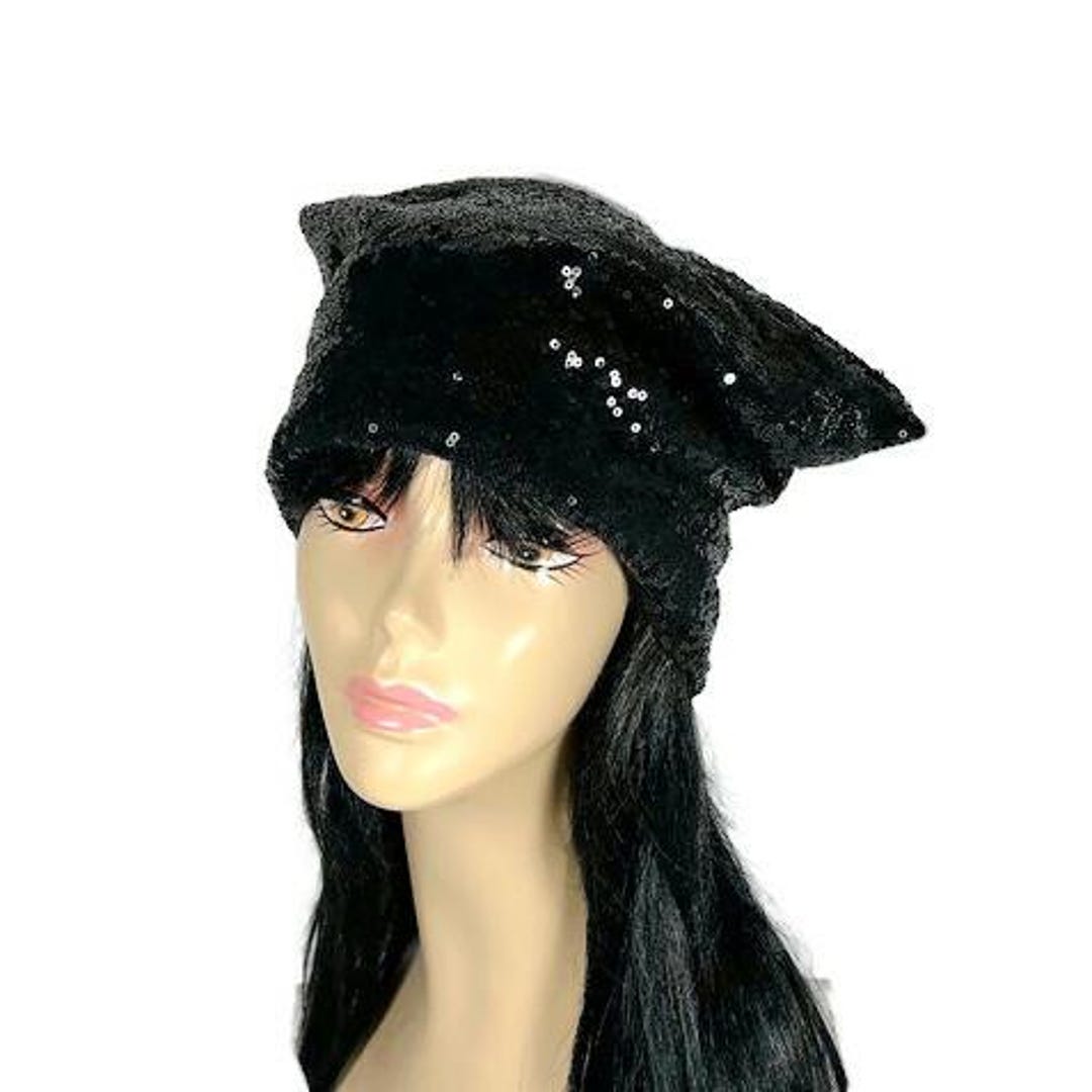 Gothic Cat Lady Hat Black Sequin Slouchy Beanie Sequin Toque Cat Ear ...