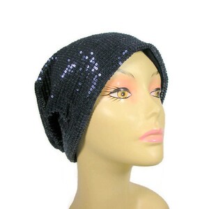 NAVY BLUE Sequin Slouch Hat 100% Cotton Lined Slouchy Beanie Chic Hats for Hair Loss ...