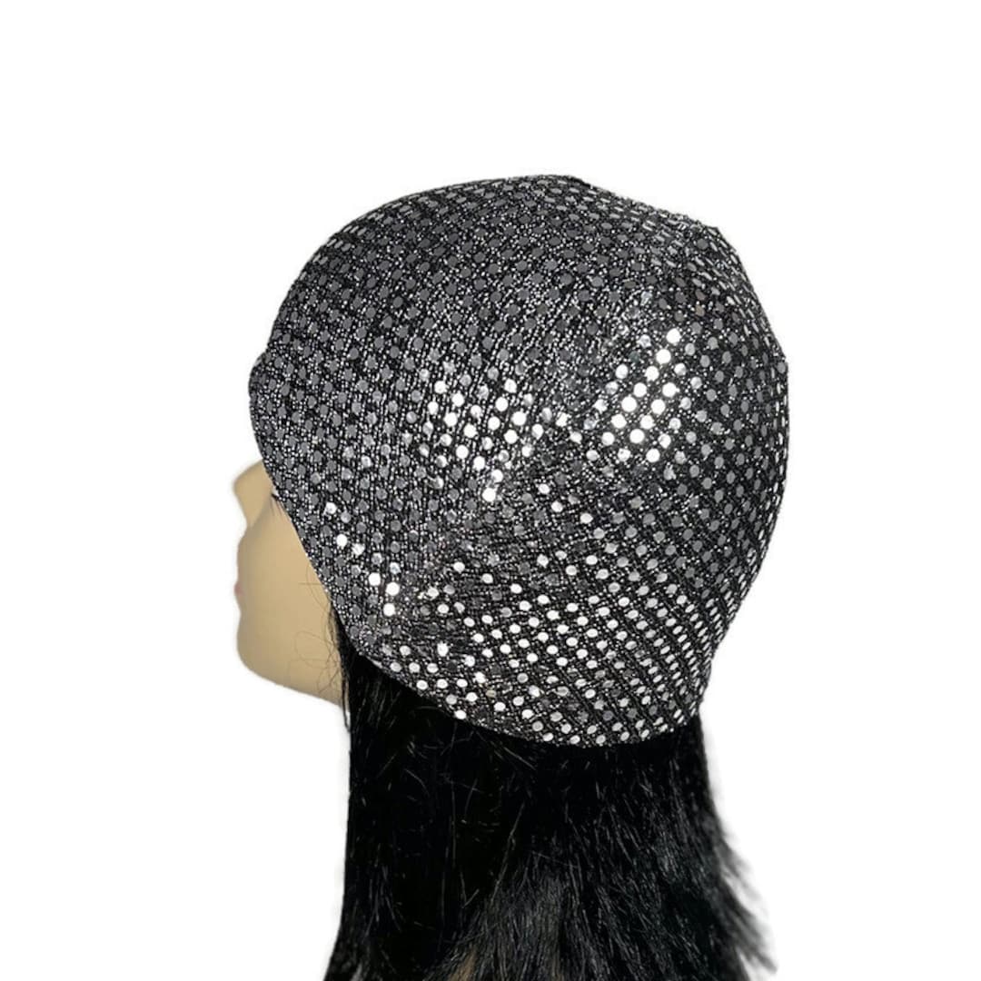 Skull Cap Faux Sequin Skullcap Trendy Skull Cap Black and Silver Sequin ...