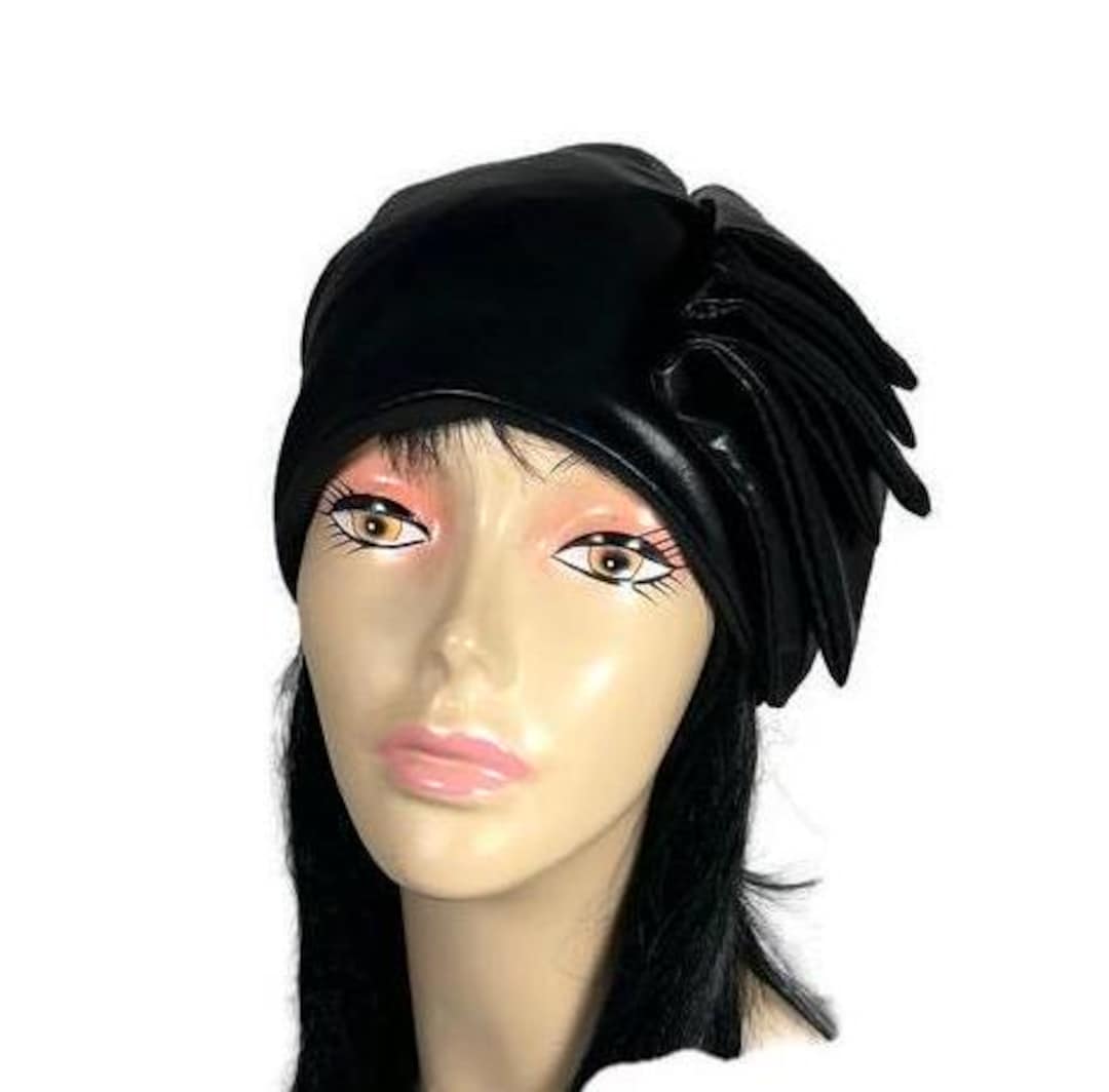 Black Faux Leather Hat Goth Slouchy Beanie Black Stylish Beanie Shiny ...