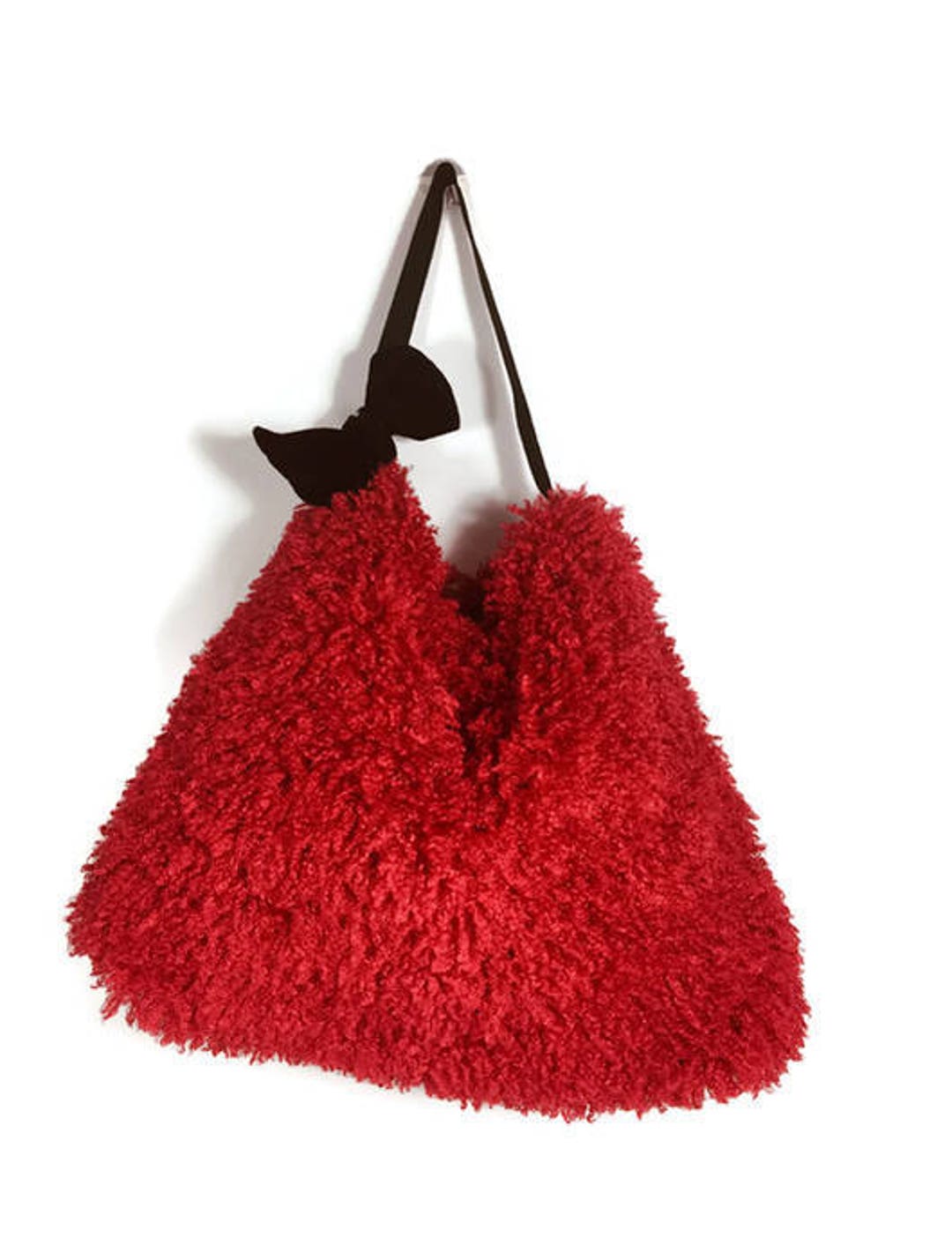 Red Hobo Handbag Red Faux Fur Hobo Bag Curly Lamb Purse Hobo Bag Large ...