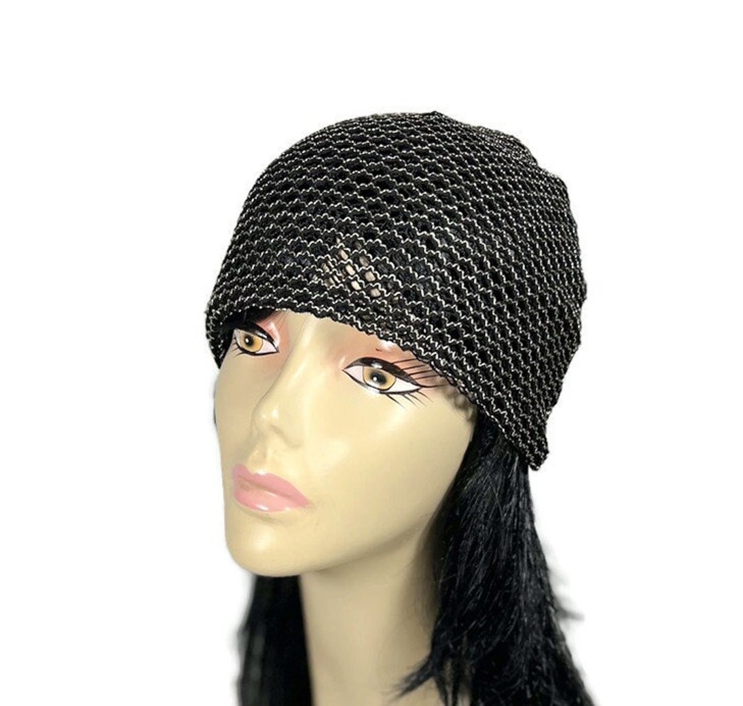 Black and Gold Mesh Skullcap Lightweight Cloche Mesh Beanie Black Net ...