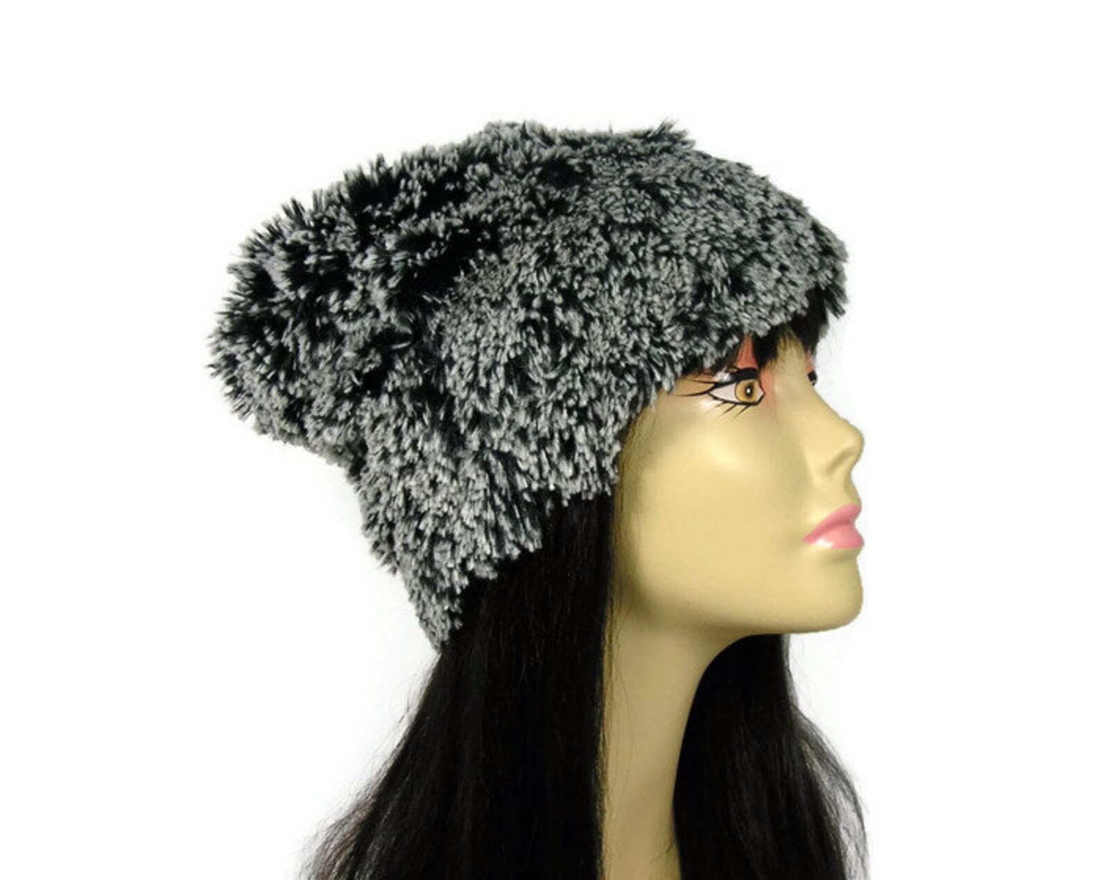 Faux Fur Hat Fur Beanie Black and White Faux Fur Slouch Hat Warm Hats ...