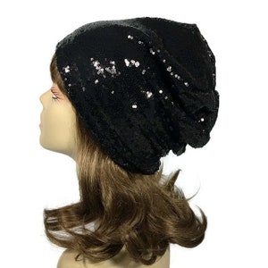 Black Sequin Hat CUSTOM Size/lining Sequin Slouchy Beanie Black Tiny Sequined Hat Glam Sequin ...