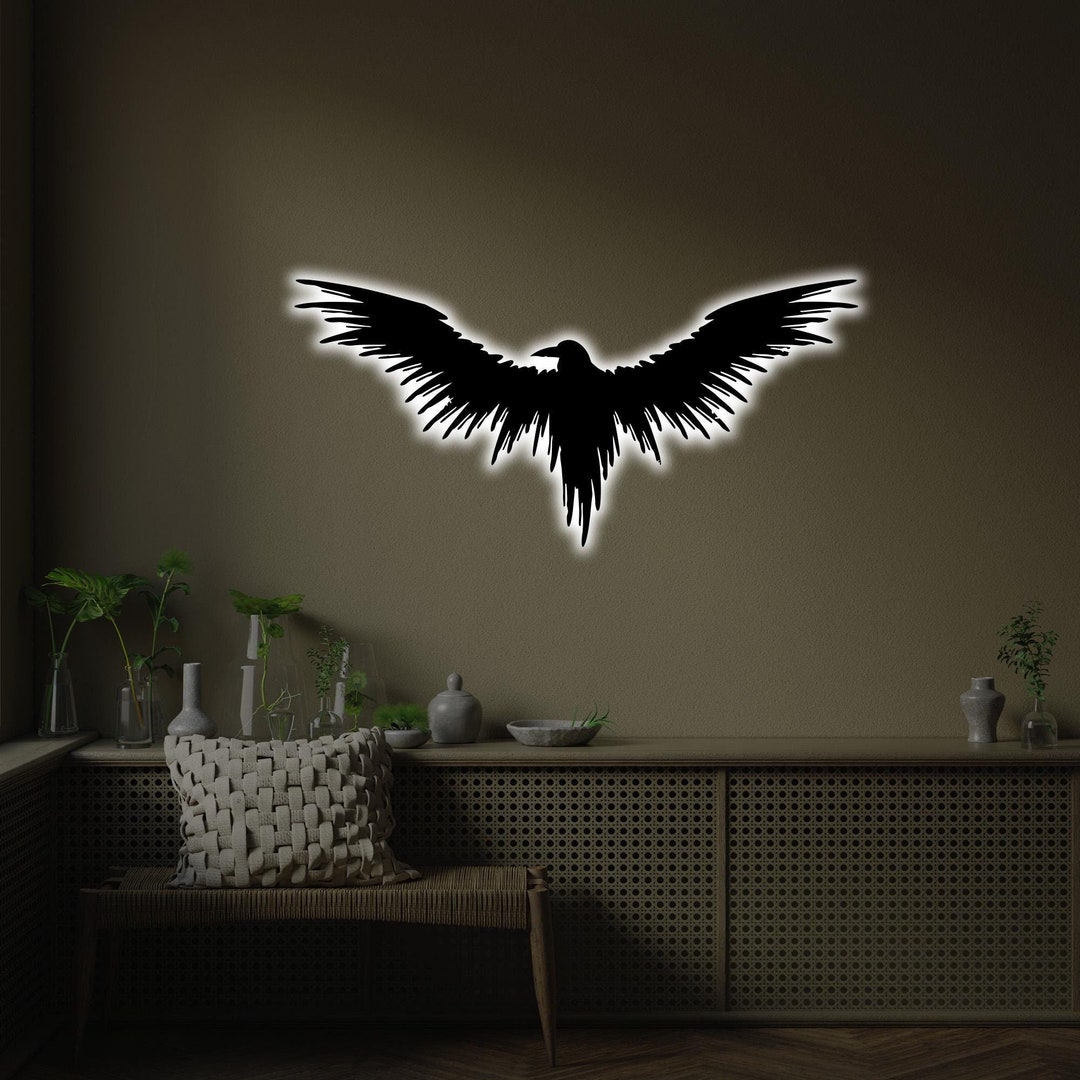 LED Bird Metal Wall Sign, Raven Decor, Crow Art, Man Cave Decor, Night ...