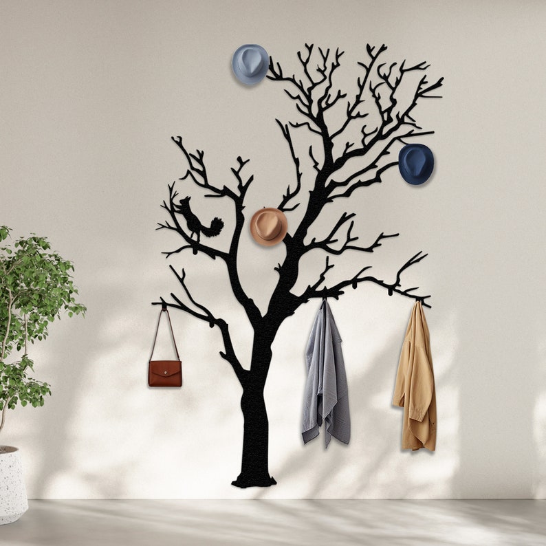 Coat Rack Tree With Squirrel, Decorative Hooks, Tree Wall Art, Hat Rack ...