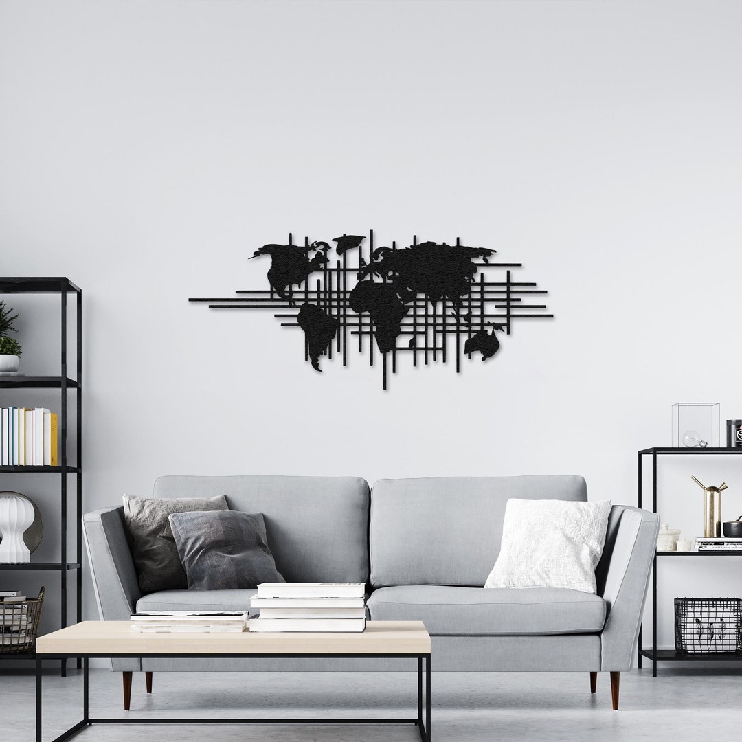 World Map Metal Wall Art, Geometric Wall Art, Traveler Gift, Large ...