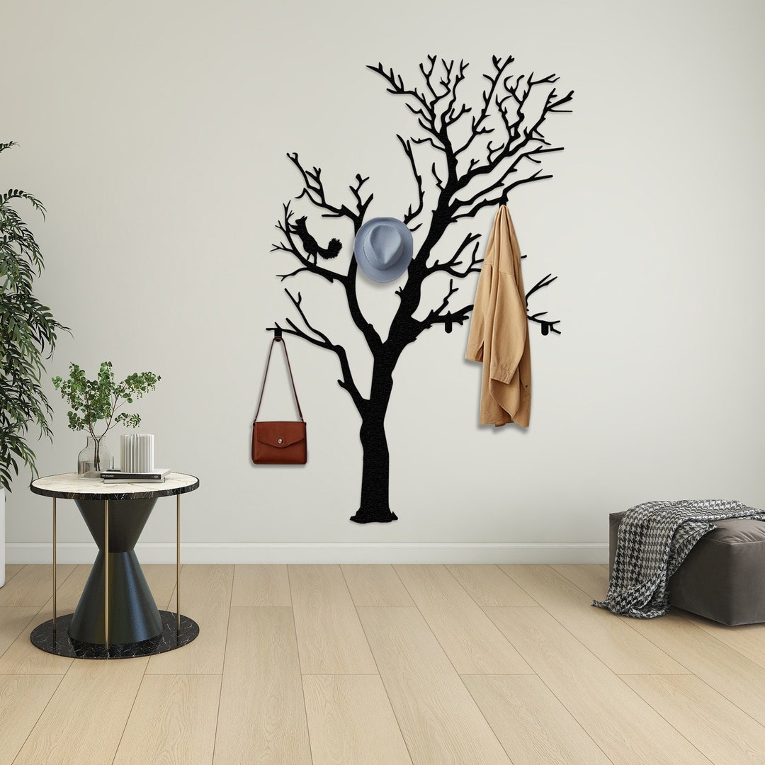 Coat Rack Tree With Squirrel, Decorative Hooks, Tree Wall Art, Hat Rack ...