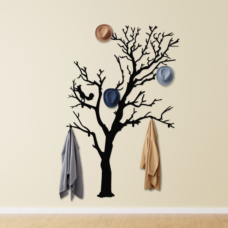 Coat Rack Tree With Squirrel, Decorative Hooks, Tree Wall Art, Hat Rack ...