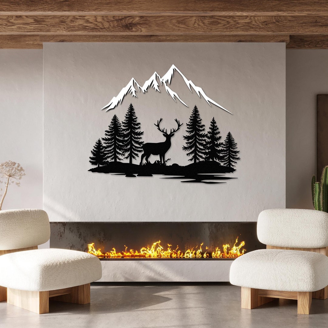 Forest Mountain and Deer Landscape Metal Wall Decor, Wildlife Metal Art ...