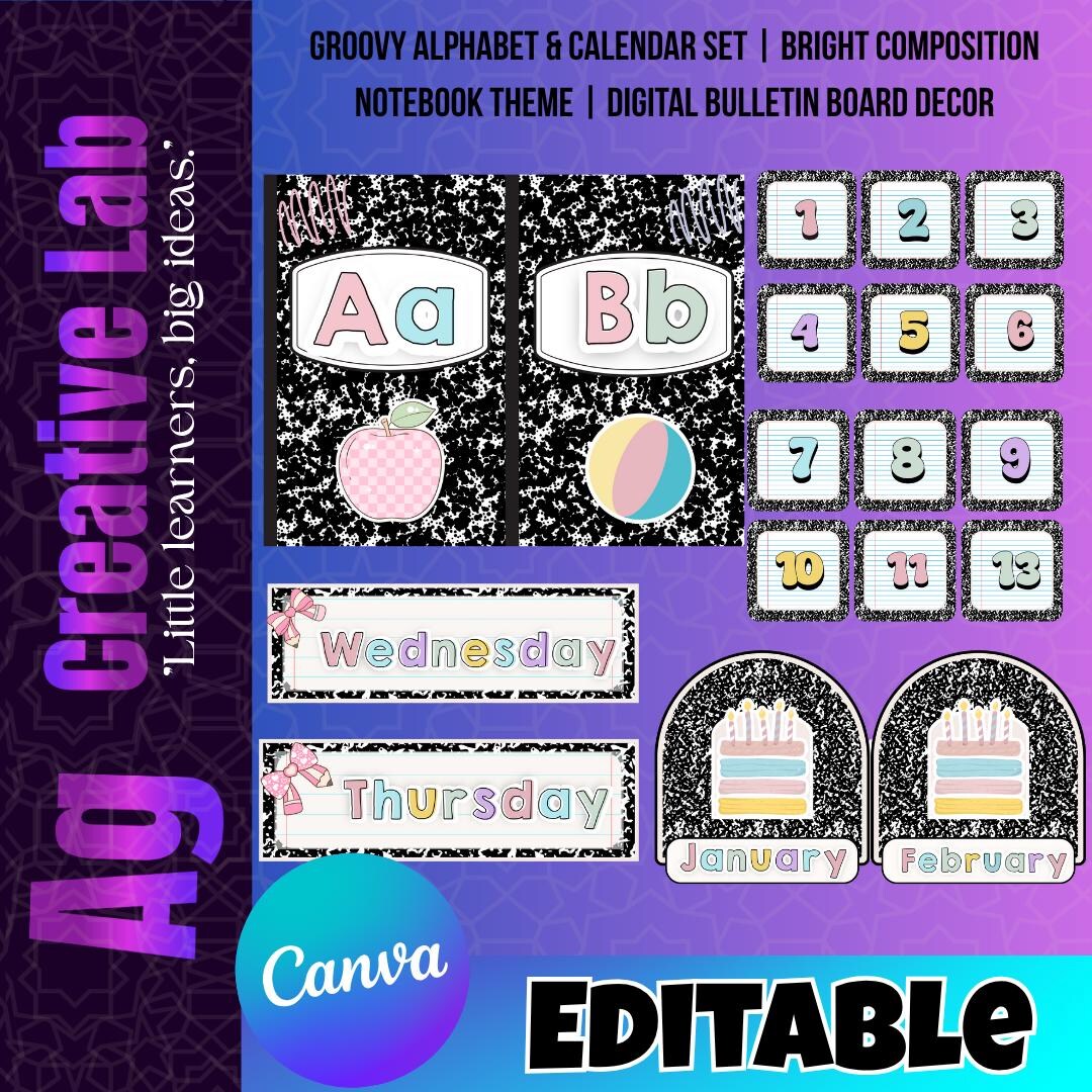 Alphabet & Calendar Set | Bright Composition Notebook Theme | Digital ...
