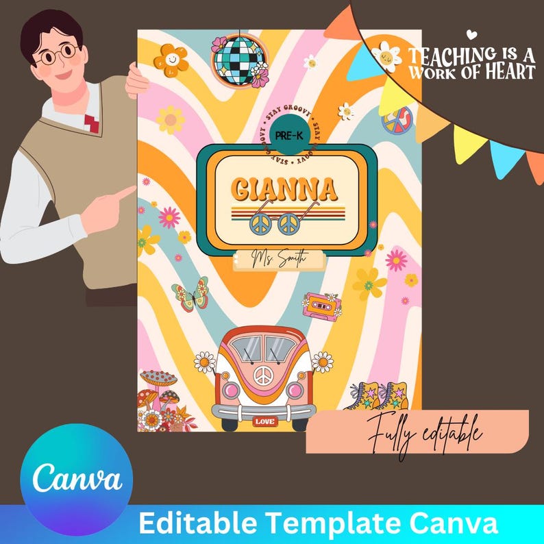 Editable Student Binder Covers in Groovy Boho Retro Classroom - Etsy