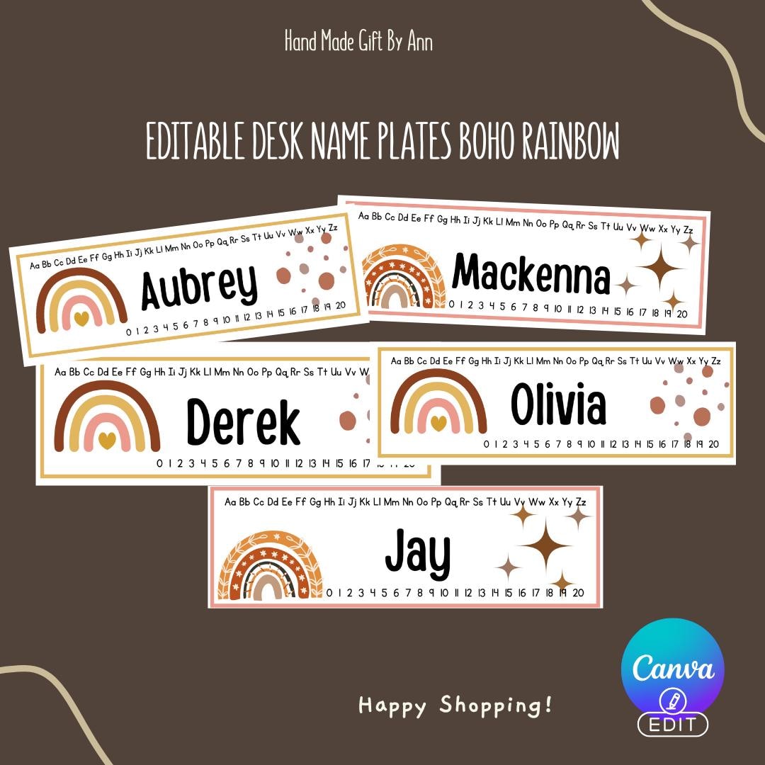 Editable Desk Name Plates Boho Rainbow - Etsy