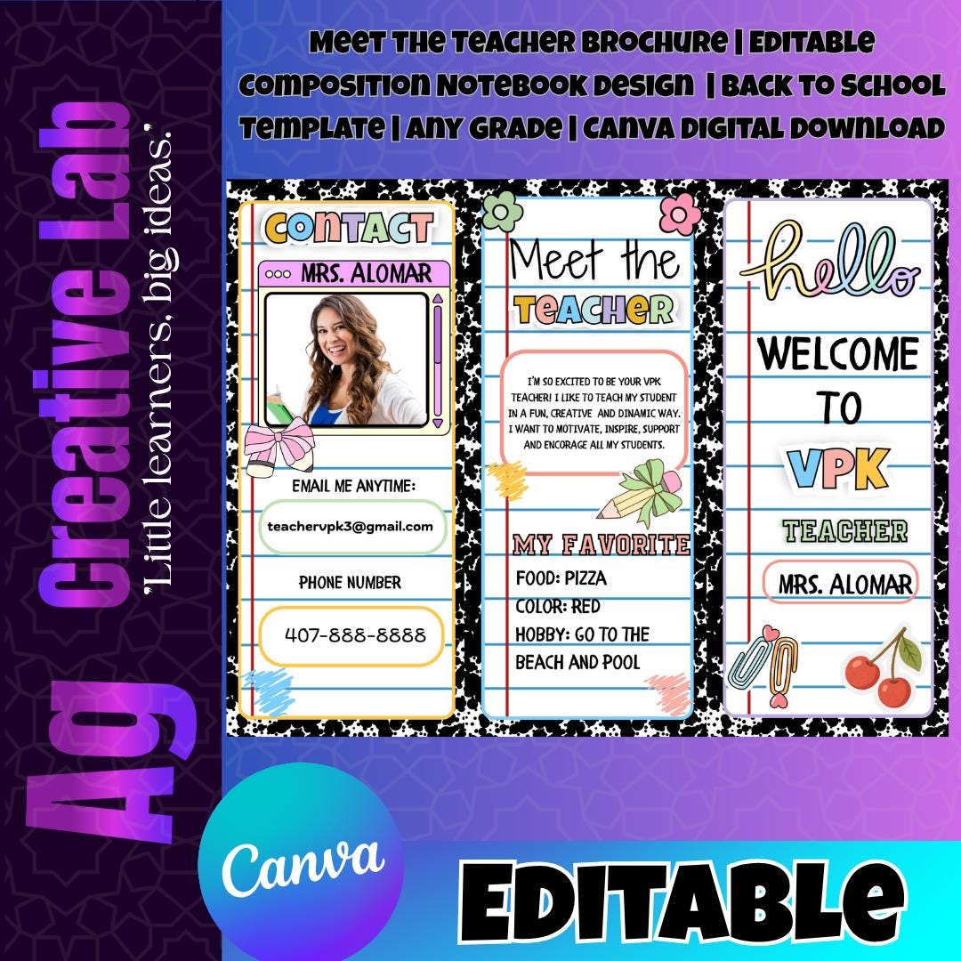 Editable Meet the Teacher Brochure: Composition Notebook Design (canva ...