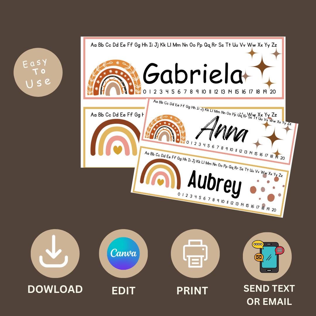 Editable Desk Name Plates Boho Rainbow - Etsy