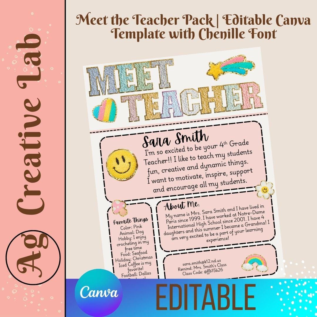 Meet the Teacher Pack | Editable Canva Template With Chenille Font - Etsy