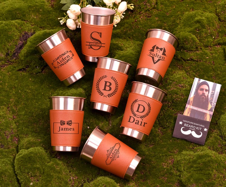 Personalized Beer Cup With Leather Holder, Beer Mug, Engraved Bottle ...
