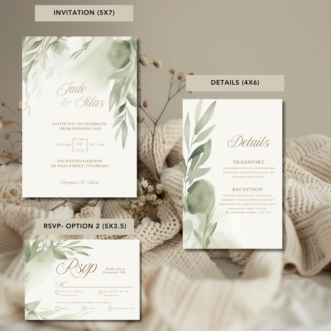 Editable Wedding Invitation Template Set | Greenery 5x7 Invite, 4x6 ...