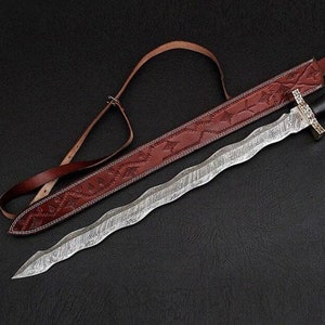 Hand-forged Damascus Steel Wavy Blade Sword With Custom Leather Sheath ...