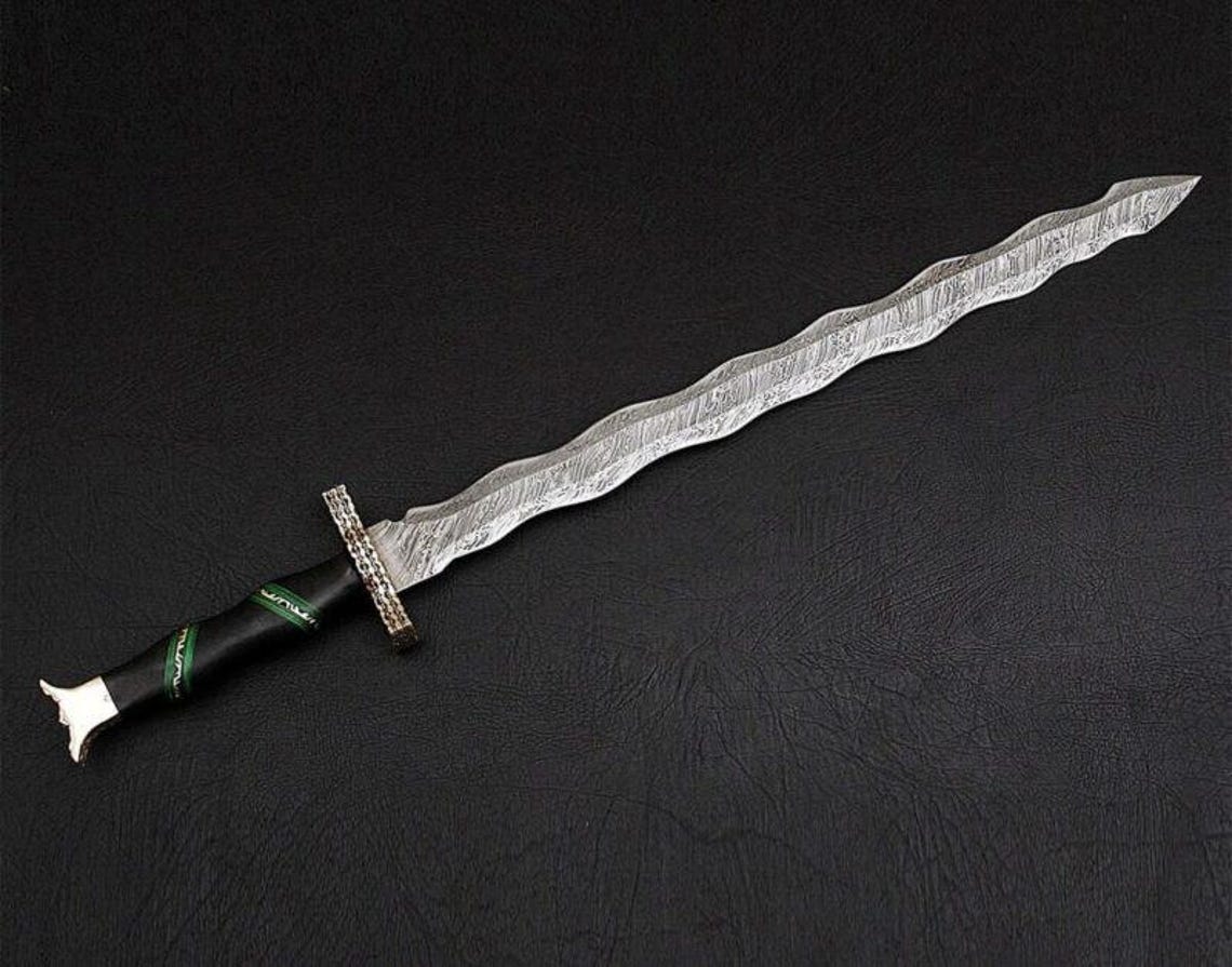 Hand-forged Damascus Steel Wavy Blade Sword With Custom Leather Sheath ...