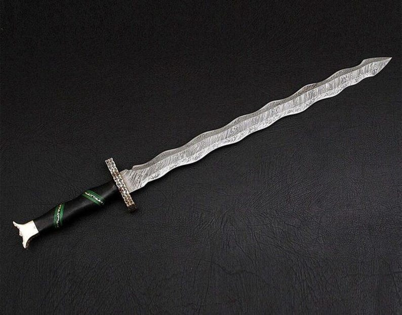 Hand-forged Damascus Steel Wavy Blade Sword With Custom Leather Sheath ...