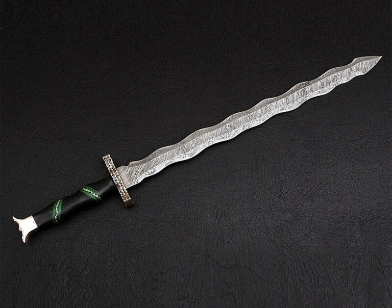 Hand-forged Damascus Steel Wavy Blade Sword With Custom Leather Sheath ...