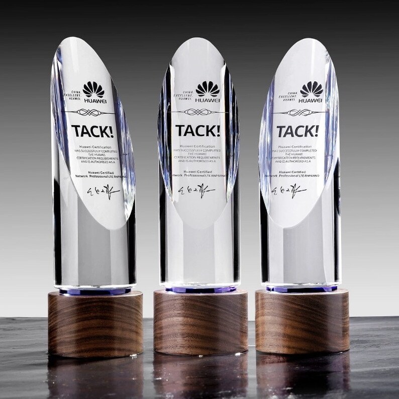 Tall Custom Elegant Crystal Trophy Award With Wood Base Keepsake ...