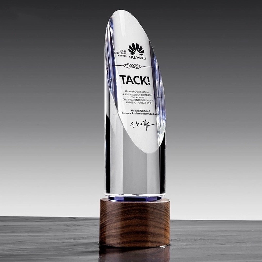 Tall Custom Elegant Crystal Trophy Award With Wood Base Keepsake ...