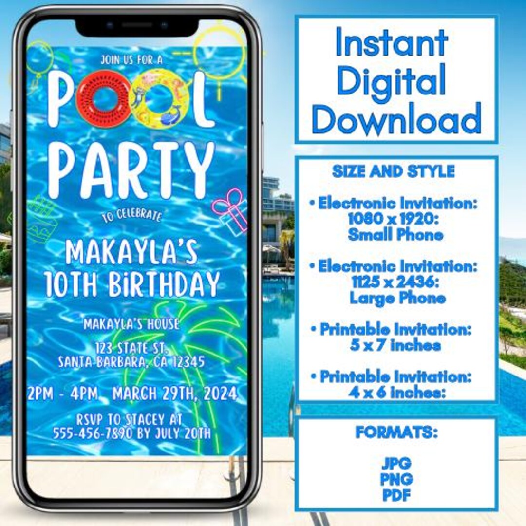 Editable Pool Party Invitation Summer Birthday Evite Digital Download ...