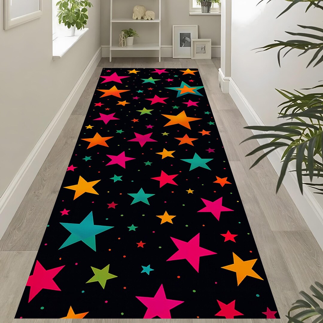 Neon Star Runner Rug: Colorful Galaxy Carpet, Bright Rainbow Space ...