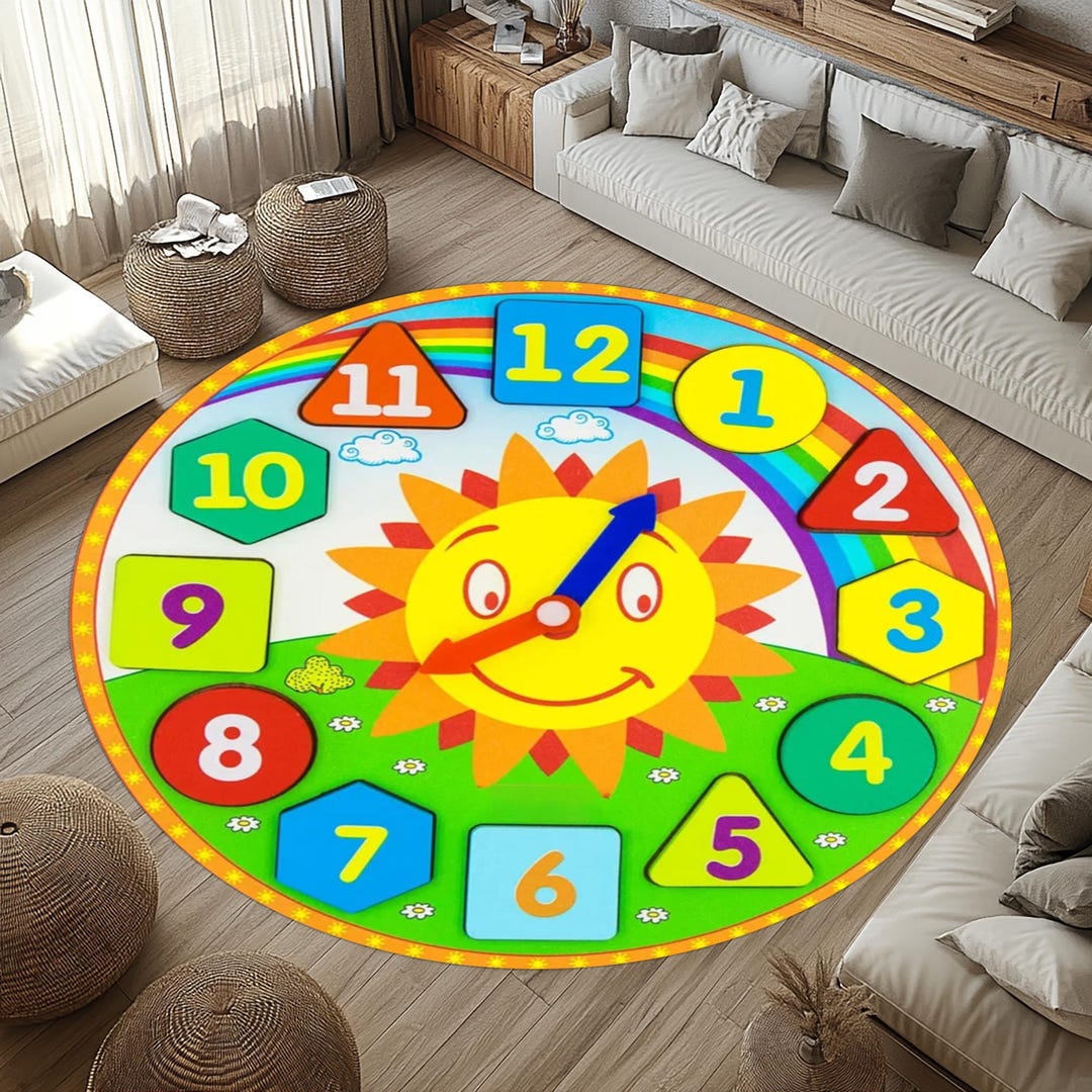 Yellow Cute Clocks Rugs, Clock Time Rug, Time Content Rugs, Fun Clock ...