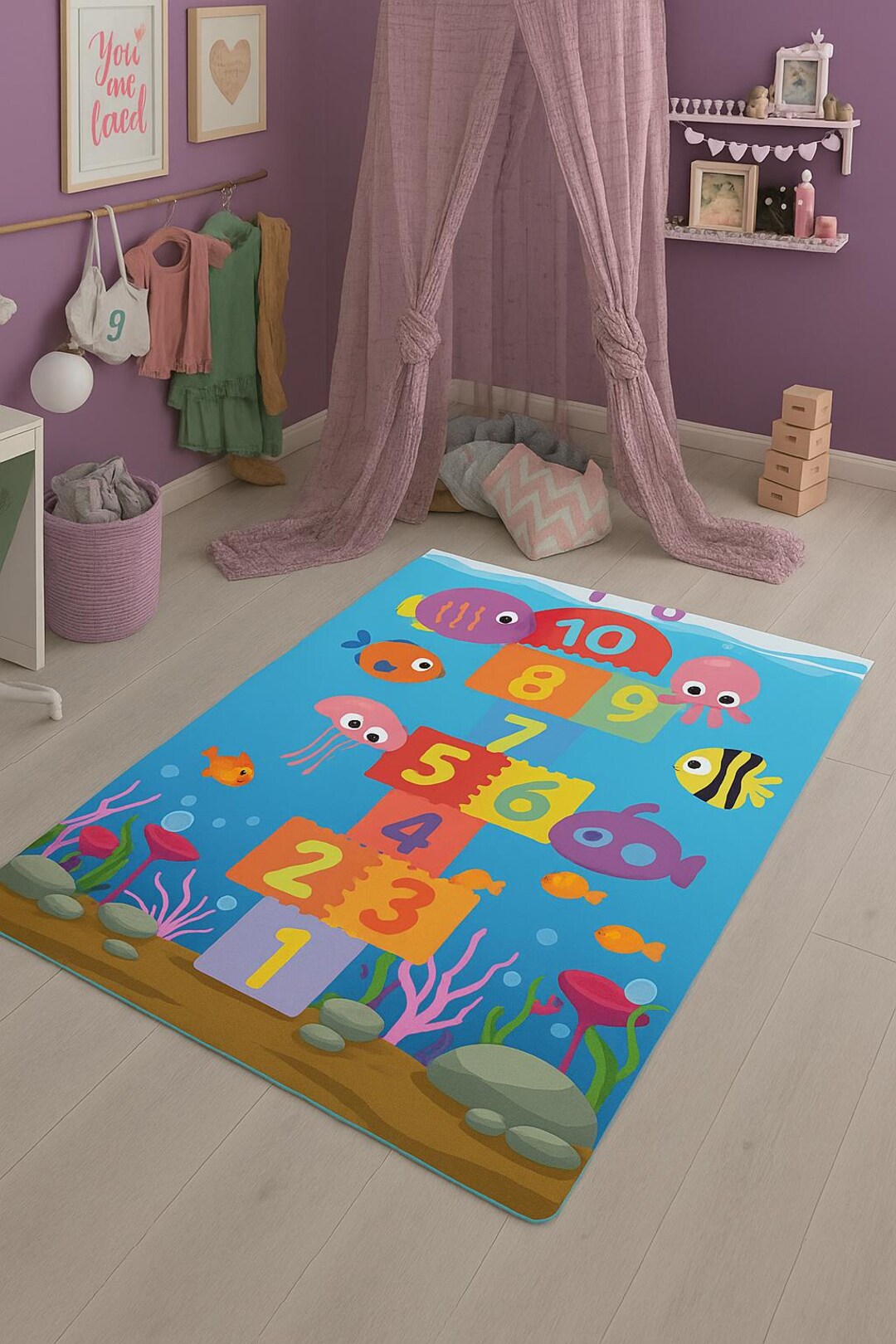 Underwater Hopscotch Rug: Colorful Fish Octopus Numbers Carpet, Playful ...