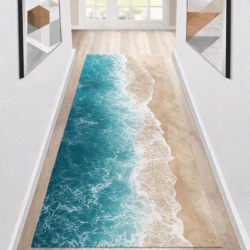 Ocean Beach Runner Rug, Coastal Hallway Runner, Sea Wave Shore Rug, Non ...