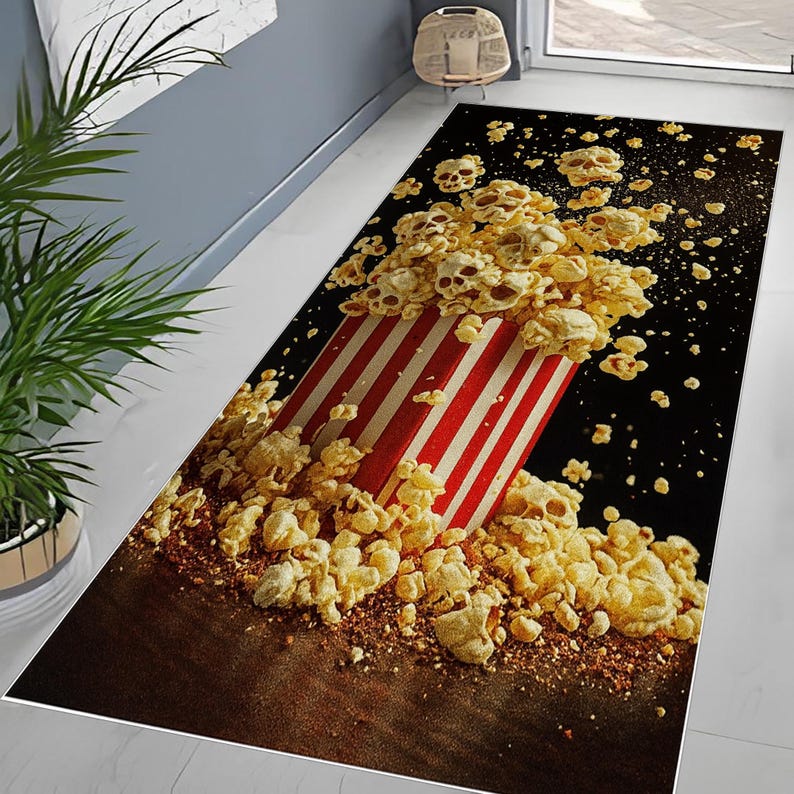 Halloween Popcorn Rug: Creepy Skull Kernels Carpet, Red White Stripes ...