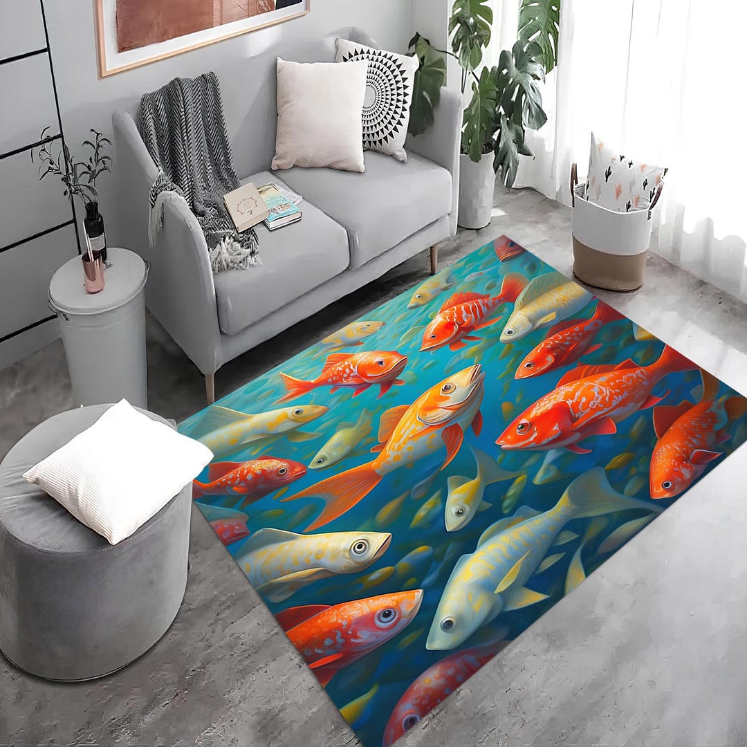 Fish Paterned Carpet, Fish Rug, Aquarium Carpet, Aquarium Rug, Colorful ...