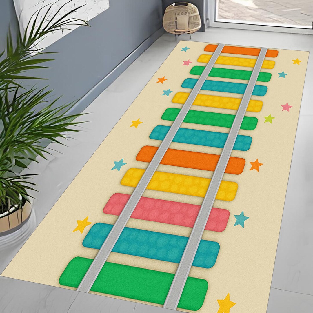 Rainbow Train Track Rug: Kids Playroom Carpet, Nursery Decor - Etsy