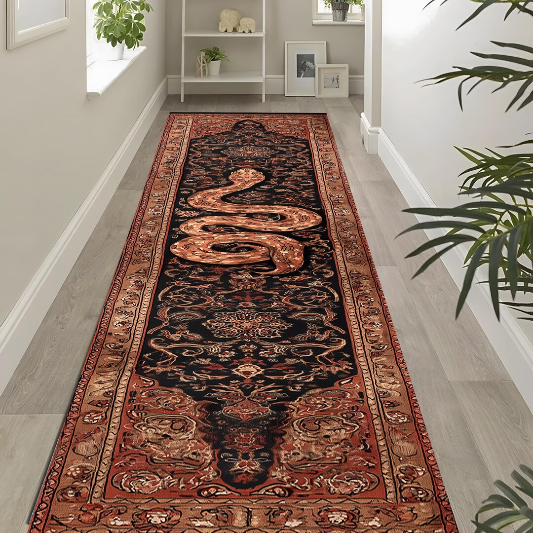 Gothic Snake Runner Rug: Dark Brown Serpent Pattern, Ornate Baroque ...