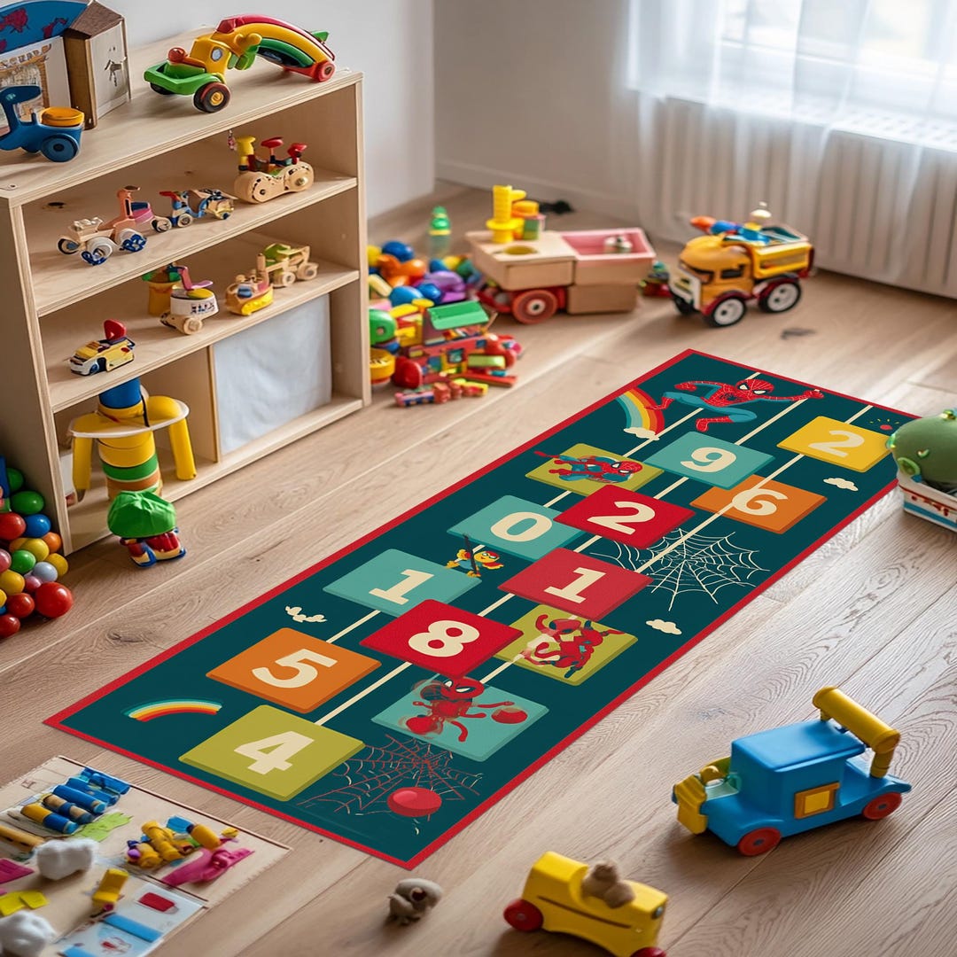 Kids Hopscotch Runner Rug, Superhero Game Play Mat, Number Learning Rug ...