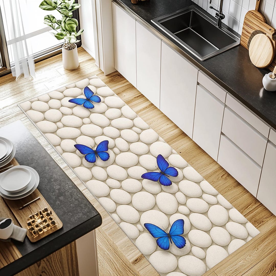 3D White Pebble Runner Rug With Blue Butterflies – Modern Soft Hallway ...