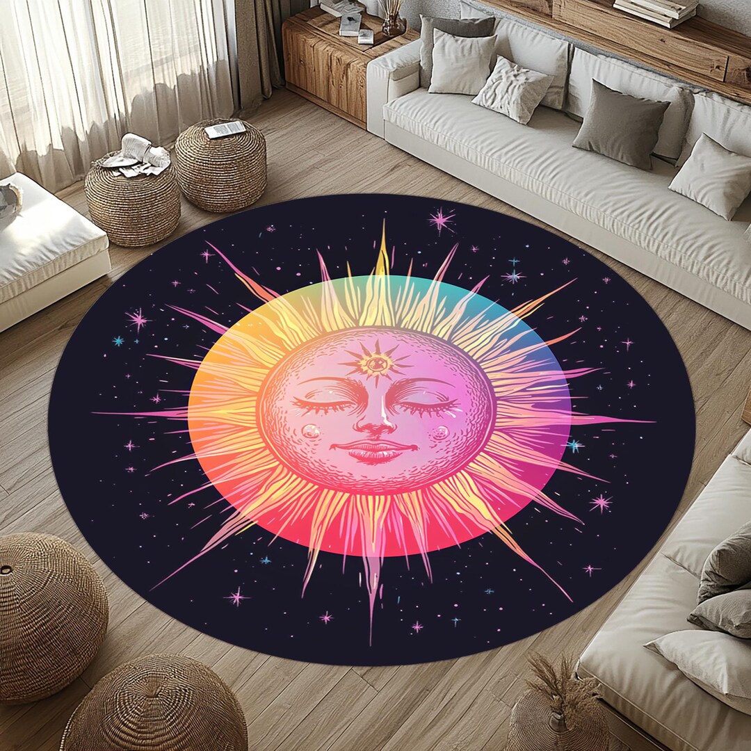 Sun, Colorful Round Rug, Sun Round Rug, Mystical Room Art Rug, Popular ...